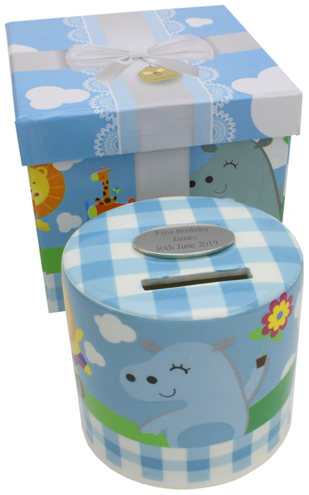 Personalised Engraved Blue Animal Patterned Ceramic Money Box from Go ...