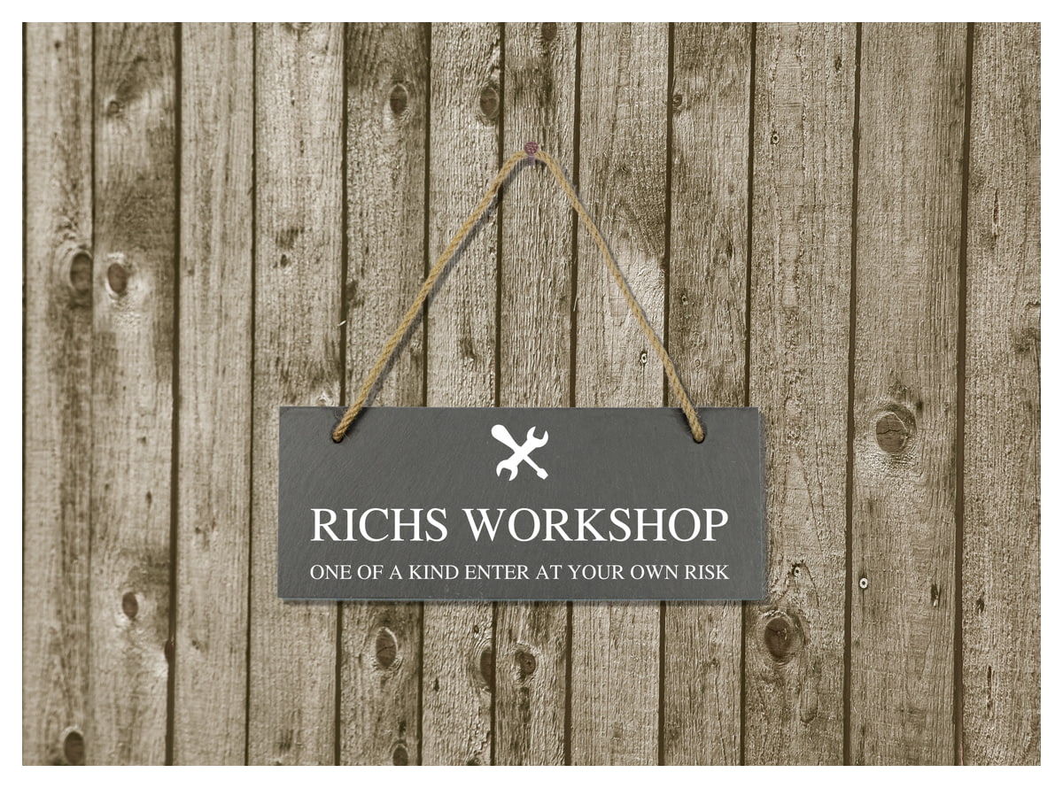 Personalised Tool Motif Hanging Slate Shed, Workshop or Garage Sign ...