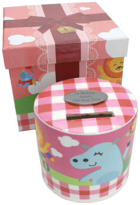 Personalised Engraved Pink Animal Patterned Ceramic Money Box from Go ...